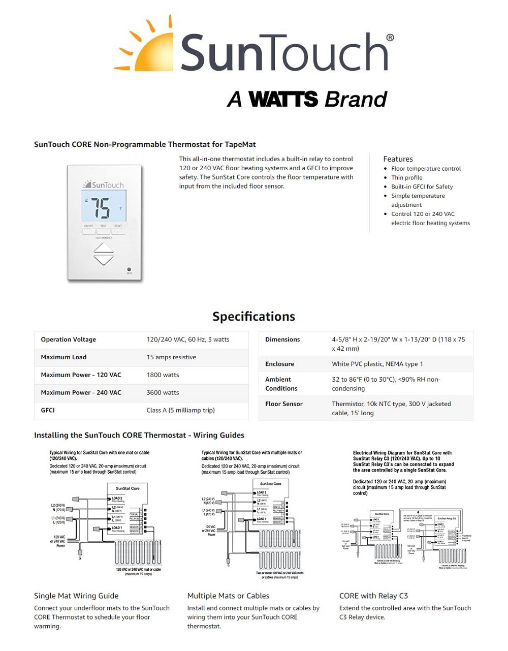 SunTouch Floor Warming SunStat Core Non-Programmable Floor Heating Thermostat 500825-SC - The ...